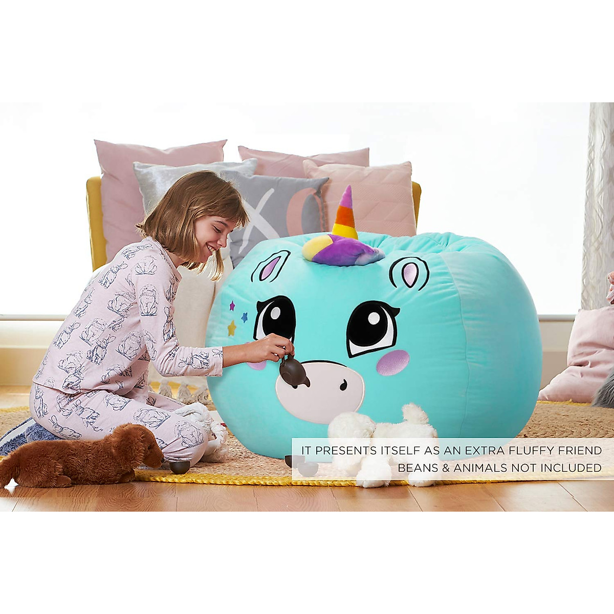 Aubliss Stuffed Animal Storage, Velvet Bean Bag Chairs Cover, X-Large 38" Ultra Soft Kids Toy Storage Organizer for Toys Blankets Towels Clothes, Cyan Big Eyes