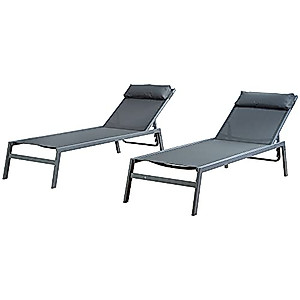 Kozyard Wilson Adjustable EDP Coated Wrought Iron Frame and Breathable Textilence Seat Chaise Lounge Chair (2 Pack) (Gray W/O Table)