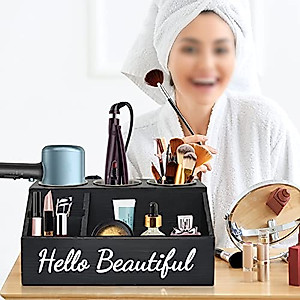 Wooden Black Hair Tools Organizer, Rustic Hair Dryer Holder, Bathroom Supplies Countertop Storage Stand and Vanity Caddy for Blow Dryer Curling Iron Hair Straightener Brushes Hair Styling Accessories