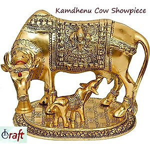LCRAFT Brass Murti Kamdhenu Cow & Calf | Nandi Cow Decorative Showpiece | Cow with Calf Statue Idol for Diwali II Wedding II Pooja Room II Temple II Gifting | Gold and Silver (14 x 8 x 12.5 cm