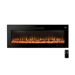 Glitzhome Wall Mounted or Recessed Electric Fireplace with Remote Control Touch Screen - Adjustable 9 Color Flames-Faux Log & Crystal Decorated, 50 Inch, Black - GH20270