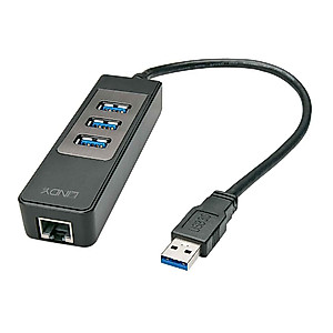 LINDY USB 3.1 Type A to Gigabit LAN 3 Port Type A Hub Adapter for Ultrabook and Tablet, Black