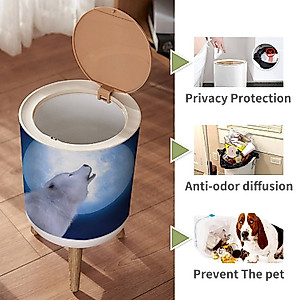 Small Trash Can with Lid for Bathroom Kitchen Office Diaper 3D rendering a majestic white sitting down howling to a big moon Stars Bedroom Garbage Trash Bin Dog Proof Waste Basket Cute Decorative