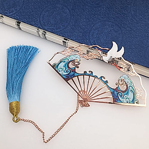 Bookmark Retro Folding Fan Bookmarks Metal White Crane Flying Over The Waves Tassel Bookmark Stationery Book Clip Book Marks Accessories