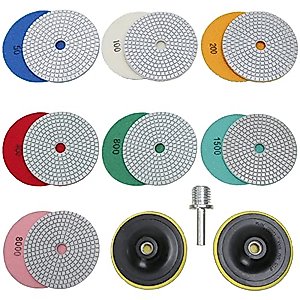 McopKrmo 5 Inch Diamond Grinding Pads for Tile, 10pcs Wet/Dry Diamond Sanding Polishing Sheet Granite Stone Polish Kit for Concrete Marble Countertop Quartz 50#~8000# with Backer Pads Thread 5/8"