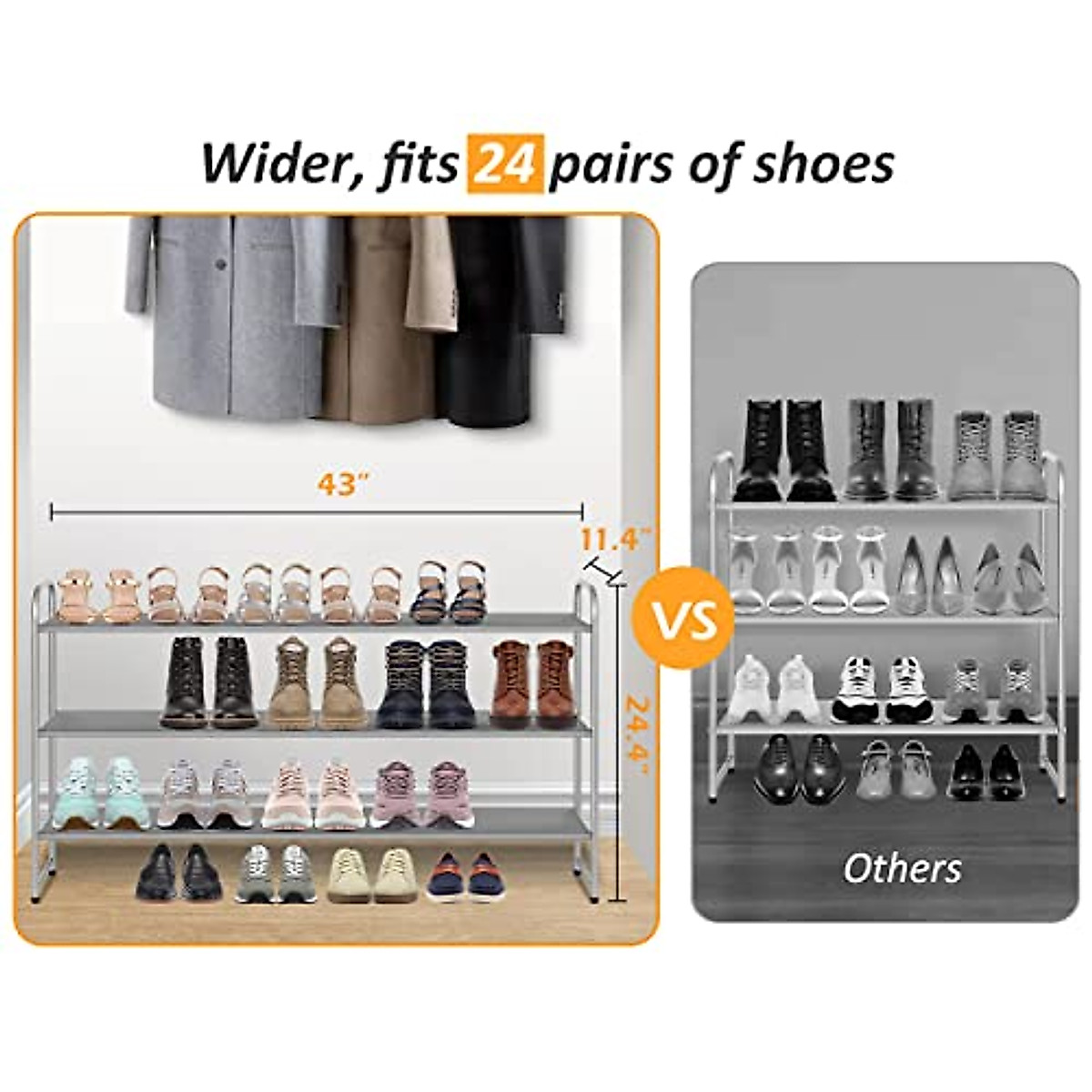MISSLO Long 3 Tier Shoe Rack for Closet adn 4 Tier Long Shoe Organizer for Closet Shoe Organizer Storage Stackable Wide Shoe Shelf Holds Men Sneakers, Women Heels, Boots