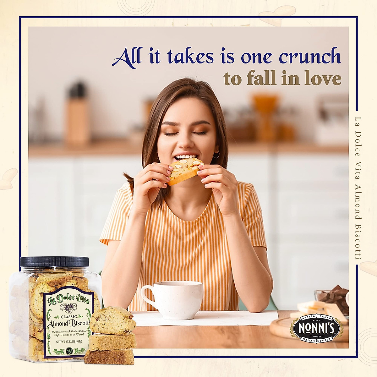 Nonni's La Dolce Vita Almond Biscotti - 2 Tubs - 34oz of Biscotti Italian Cookies - Italian Biscotti Cookies - Biscotti Jar - Biscotti Packed w/California Whole Almonds - Perfect w/Coffee - Kosher