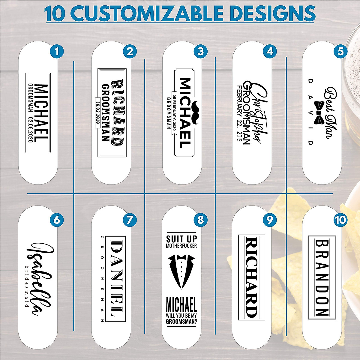 Groomsmen Gifts, Set of 6, Personalized Bottle Openers - 10 Designs, Teal - Leather Trim Stainless Steel Custom Bottle Opener for Groomsman - Bachelor Party Gifts, Wedding Gifts, Best Man Gift