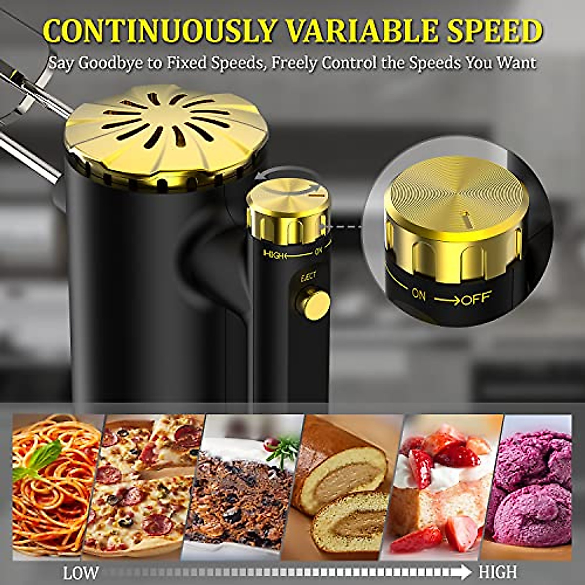 Hand Mixer Electric, 500W Power Handheld Mixer with Continuously Variable Speed Control + Eject Button + 5 Stainless Steel Accessories Kitchen Mixer for Easy Whipping, Baking, Cake (Black + Gold)