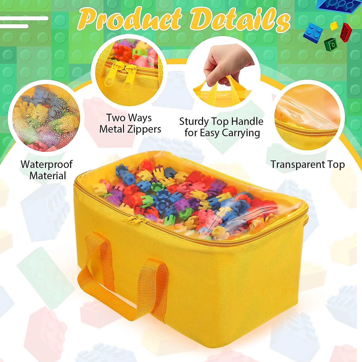 Locmeo 3 Packs Toy Storage Bags with Zipper and Clear PVC Window, Reusable Oxford Fabric Organizing Bags, Toy Bags for Kids Toys Building Blocks and Board Games Storage(Red Yellow Blue)