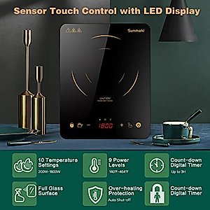 Sunmaki Induction Cooktop, Induction Hot Plate with LED Display, 1800W Countertop Burner Portable Black Crystal Glass Surface 10 Temperature 9 Power Setting &3H Timer for Cooking