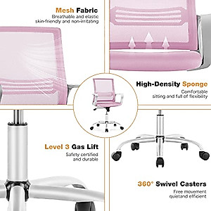 JHK Ergonomic Pink, Home Office Desk Lumbar Support Armrests, Mid Back Mesh Rolling Swivel Chair with Wheels for Adults