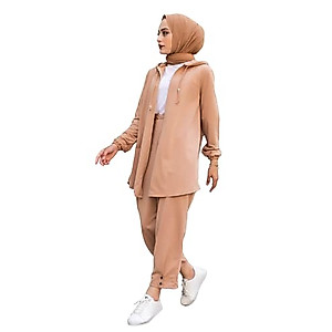 Salma's Apparel Women's 2-Piece Sweatsuits | Long Sleeve Zip Hoodie Sweatshirt with sweatpants | Muslims Track Suits for Women, Coffee with Milk