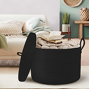 MEGASKET Black Basket with Lid, 20" X 15" Large Wicker Baskets for Organizing, Woven Cotton Rope Baskets for Storage, Kids Room Storage Toy Box Organizer and Storage Basket, Stuffed Animals basket Bin