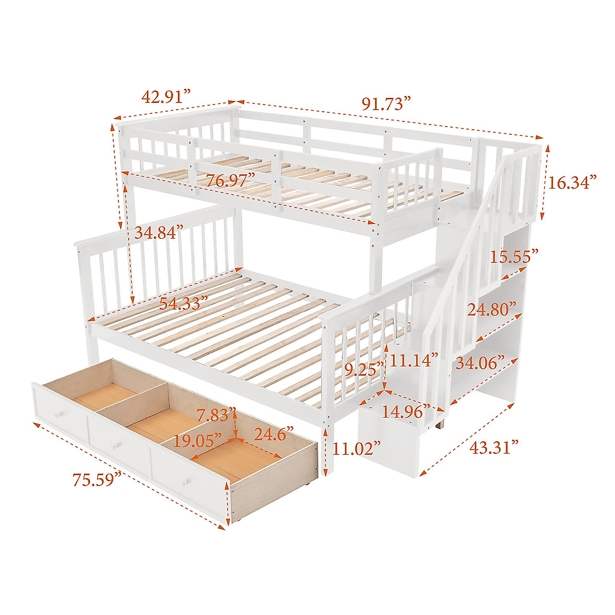 Twin Over Full Bunk Bed, Wood Twin Over Full Bunk Bed Frame with Storage Drawers and Shelves, Twin Over Full Size Bunk Bed Frame with Guardrails and Stairs for Kids Boys Girls Teens Adults, White
