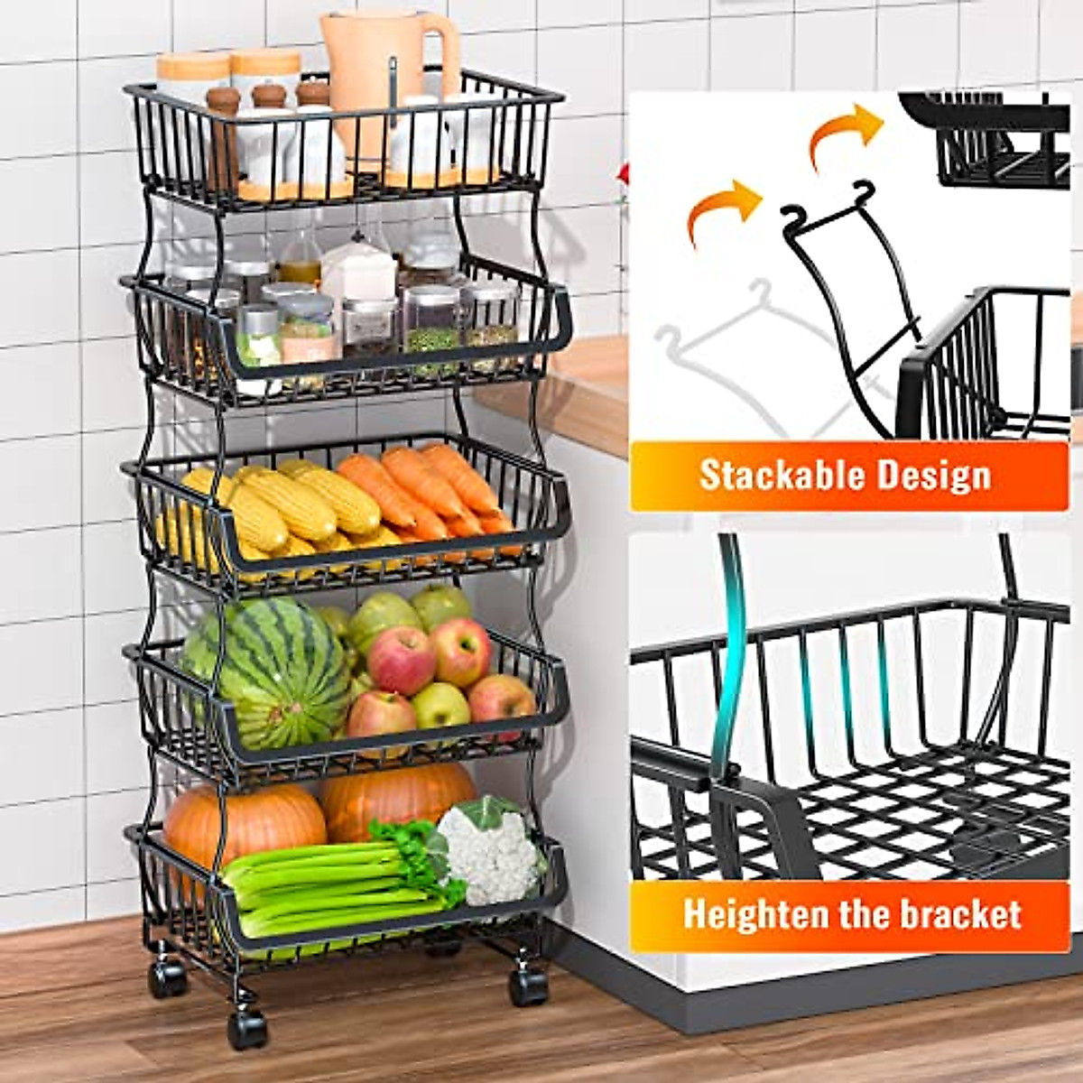 Fruit Vegetable Basket for Kitchen, 5 Tier Stackable Metal Wire Storage Basket Organizer Baskets with Rolling Wheels, Utility Rack for Kitchen, Pantry, Bathroom