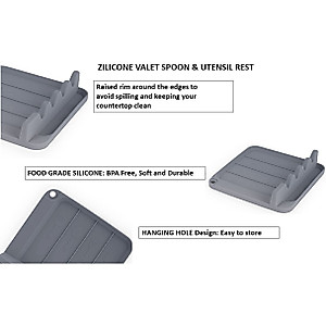 Zilicone Valet Silicone Spoon Rest with Drip Pad - 4 Slotted Spoon Rest for Kitchen Utensils, Tongs, Ladles - Heat Resistant Spoon Holder for Stove Top, Countertops, & Tables (Gray, 1)