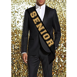 RhinestoneSash Senior Sash - Senior Gold Glitter Black Premium Quality PREMIUM GRADE SATIN Sash - Senior Send Off Gifts - Black Sash(GLD Senior) Blk