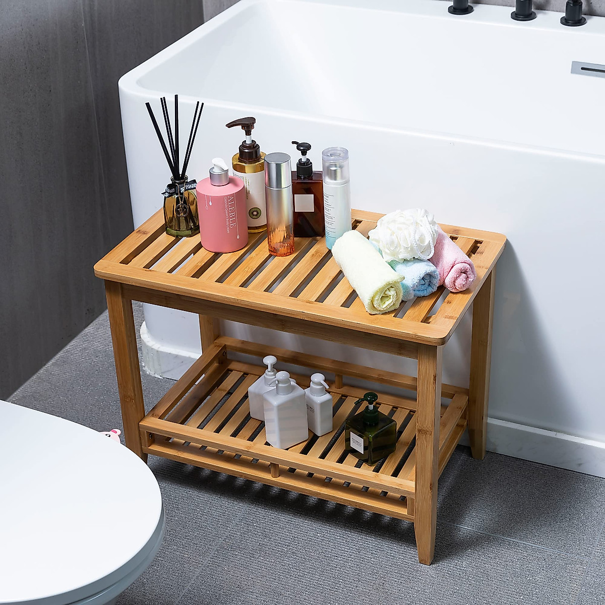 Zoopolyn Bamboo Shower Bench Seat with Storage Shelf Shower Stool Chair for Shaving Legs in Bathroom & Inside Shower Natural