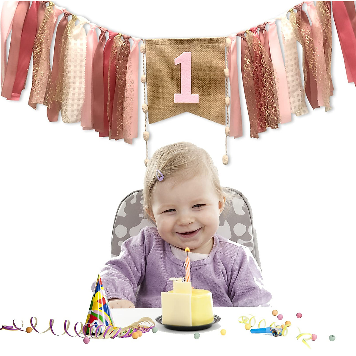 1st Birthday Banner For Baby, AULEGE First Birthday High Chair Banner, Party Theme Pull Flag for Baby 1st Birthday Party Supplies, Coral Pink