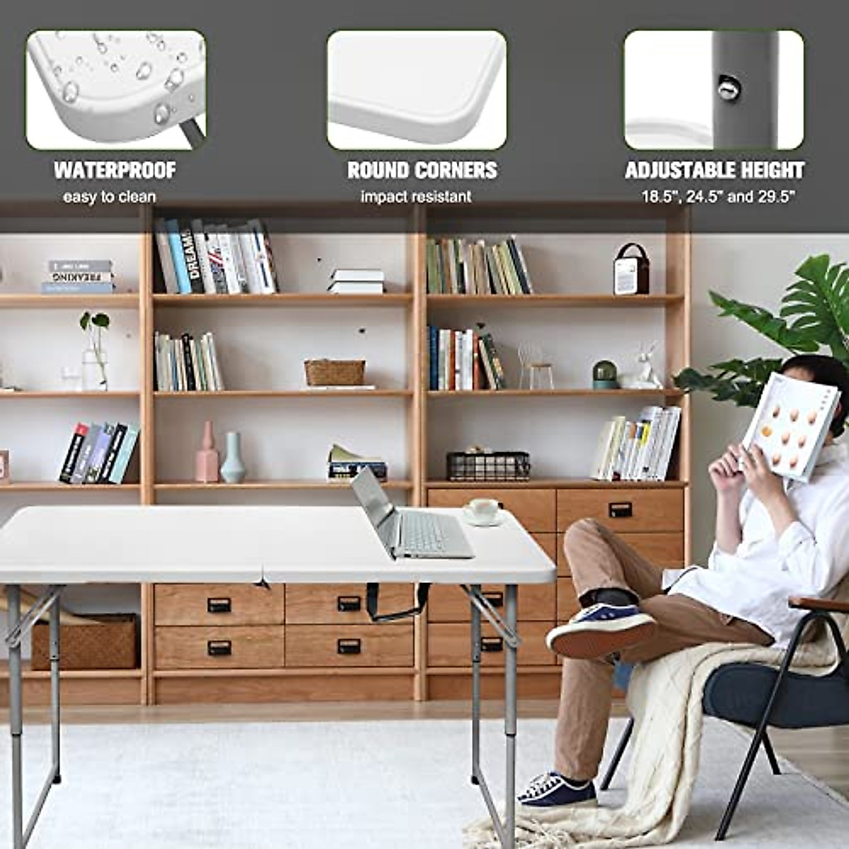 Byliable Folding Table 4 Foot Portable Heavy Duty Plastic Fold-in-Half Utility Foldable Table Small Indoor Outdoor Adjustable Height Plastic Folding Table with Carrying Handle, Camping and Party