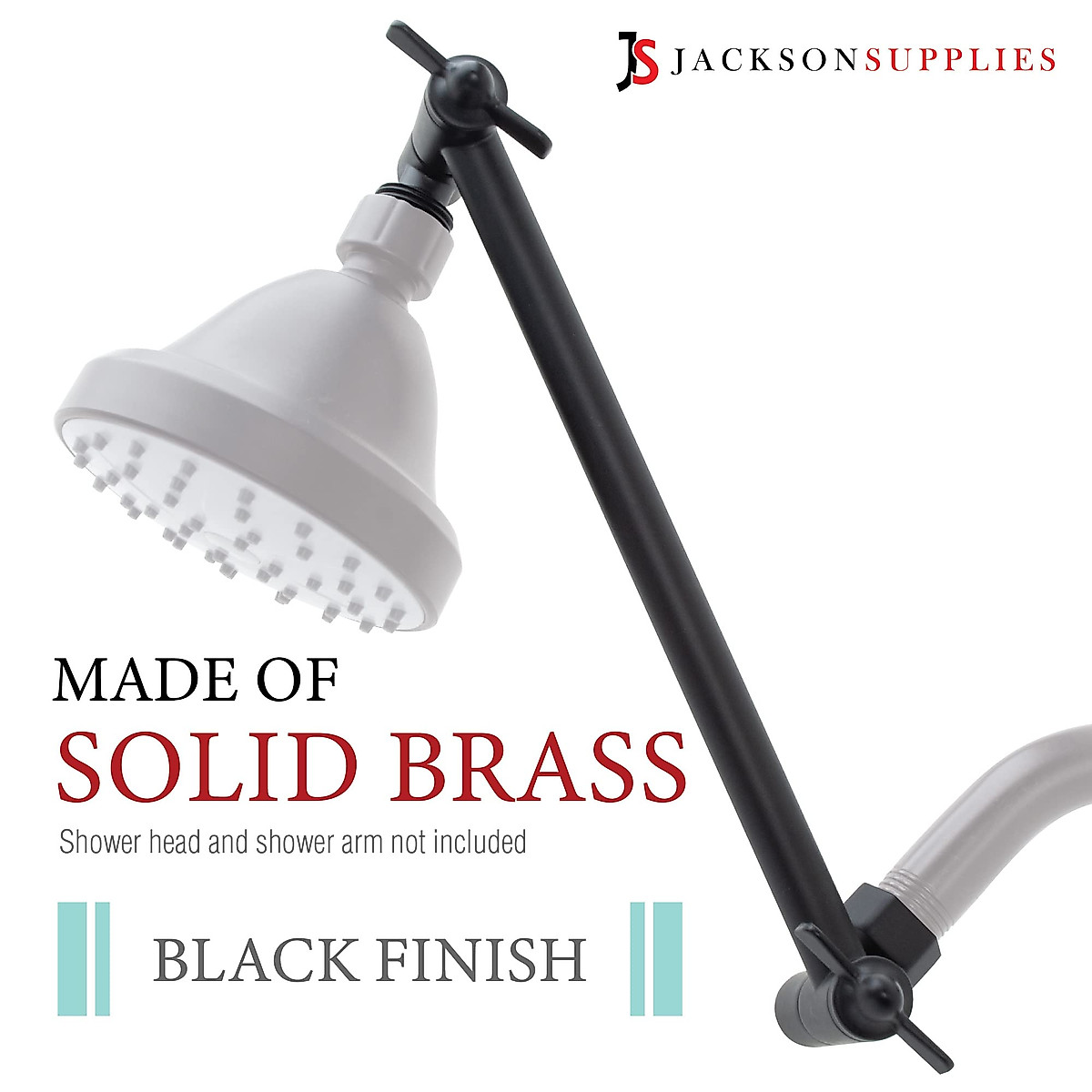 Shower Head Extension Arm by JS Jackson Supplies, Adjustable 10 Inch Showerhead Extender, Solid Brass Construction, Universal Tall Hi-lo Pipe Height Extending (Black Finish)