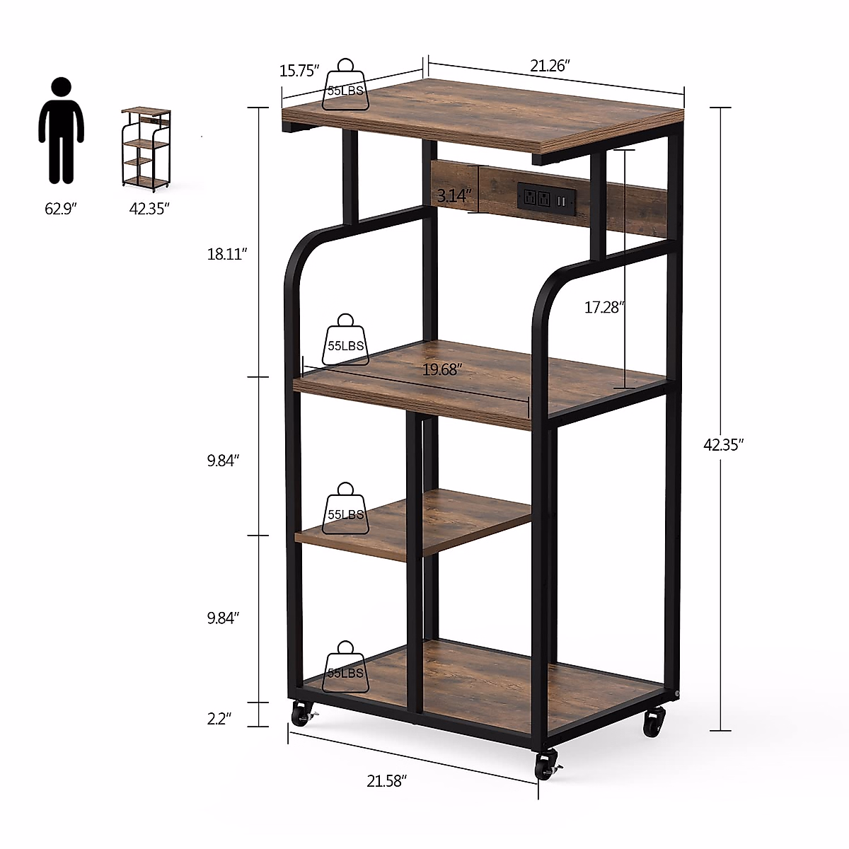 VEDECASA Mobile High Printer Stand with Power Outlet Charging Plugs USB Port Office Storage Shelf Includes Computer Tower CPU Stand Holder with Wheel (Brown)