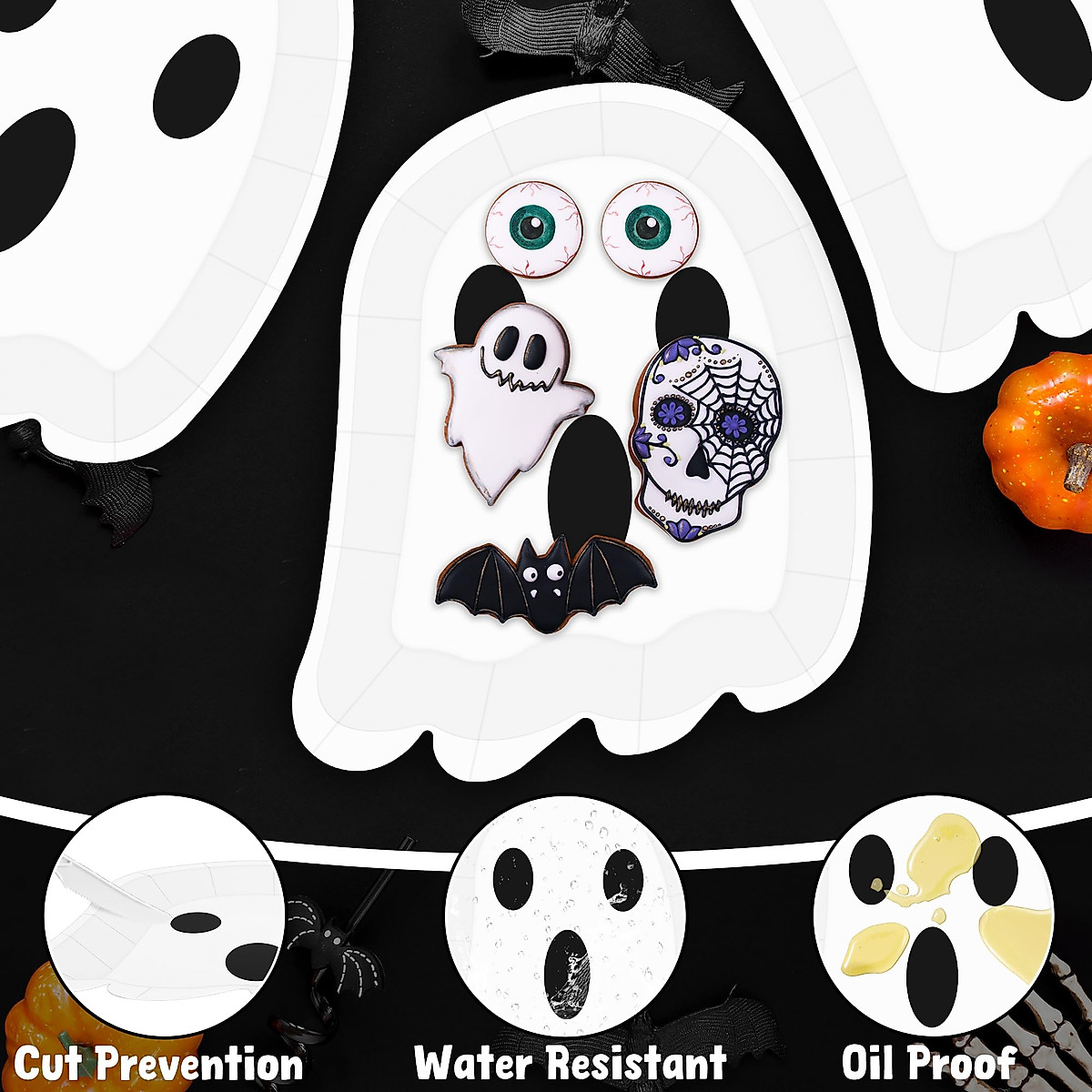 QZYL 50 PCS Halloween Plates, 7.6'' X 6.8'' Ghost Plates, Disposable Halloween Paper Plates with Ghost Design, White Halloween Party Plates for Halloween Decorations Party Supplies Decor Ghost Decor