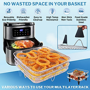 Air Fryer Accessories with 8pcs Foot Cover - 8" Square 3 Stackable Dehydrator Racks Fits 5.8 QT Air Fryer Racks for Cosori, Instant Vortex, Nuwave Air Fryer, Ninja Foodi Grill 304 Stainless Steel