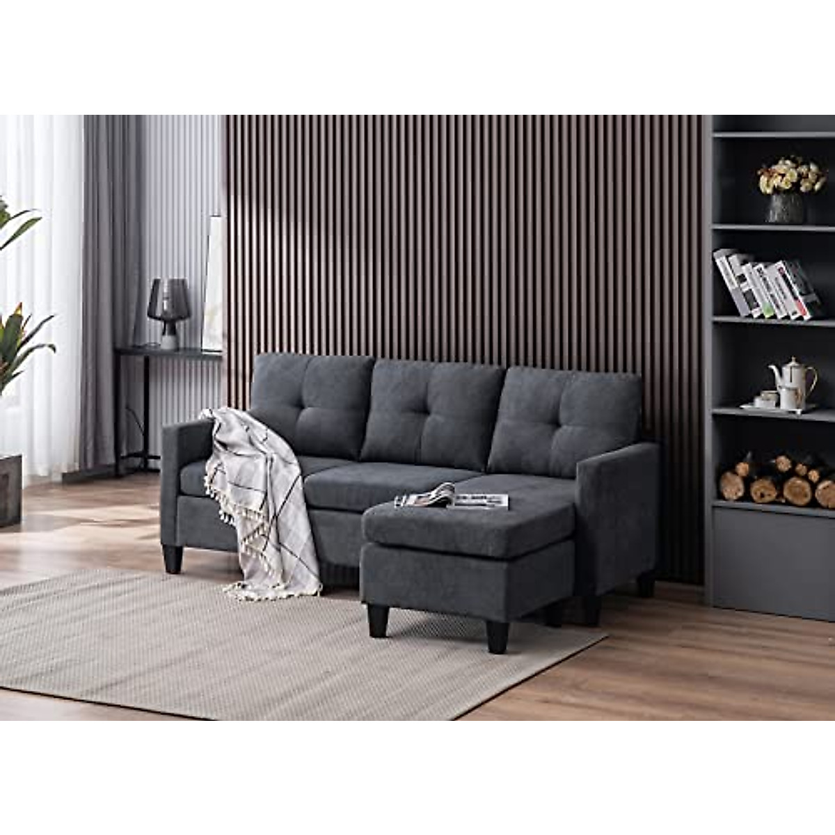 Devion Furniture Enzo Linen Sectional Sofa, Dark Gray