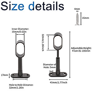 INCREWAY 4pcs Black Closet Rod Support, Zinc Alloy Oval Wardrobe Rod End, Adjustable Hollow Rod Bracket for Cabinet Bedroom Bathroom