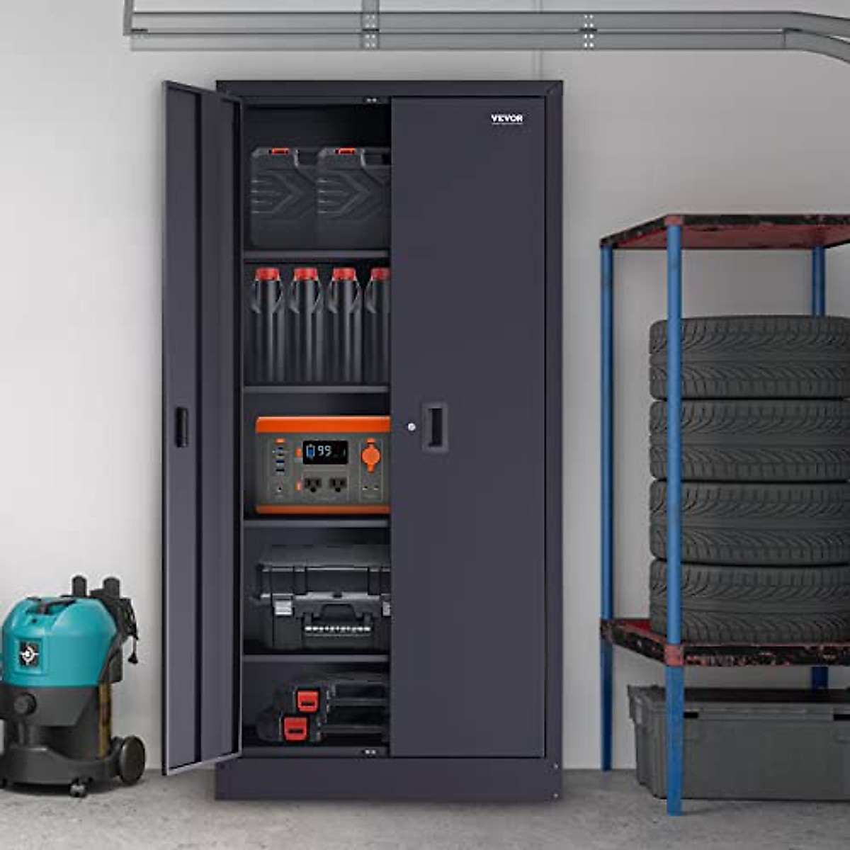 VEVOR Metal Storage Cabinet, 200 lbs Load Capacity per Shelf, 70'' Tall Lockable Powder-Coating Steel Garage Cabinet with 4 Adjustable Shelves, Magnet Doors & Lock, Perfect for Office Home Garage