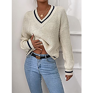 SHENHE Women's V Neck Ribbed Knit Long Sleeve Drop Shoulder Pullover Sweater Tops Beige M
