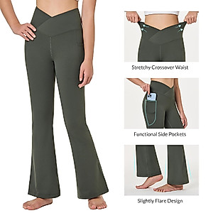 BALEAF Girls' Flare Leggings Bell Bottom Pants Yoga Dance Kids Cute Cross High Waist Bootcut Pants with Pockets Green S