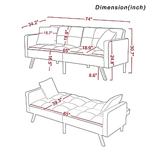 Velvet Futon Sofa Bed with Two Pillows, Convertible Sleeper Sofa Couch with 3 Angle Adjustable Backrest, Modern Loveseat with 6 Metal Legs for Living Room, Bedroom (White)