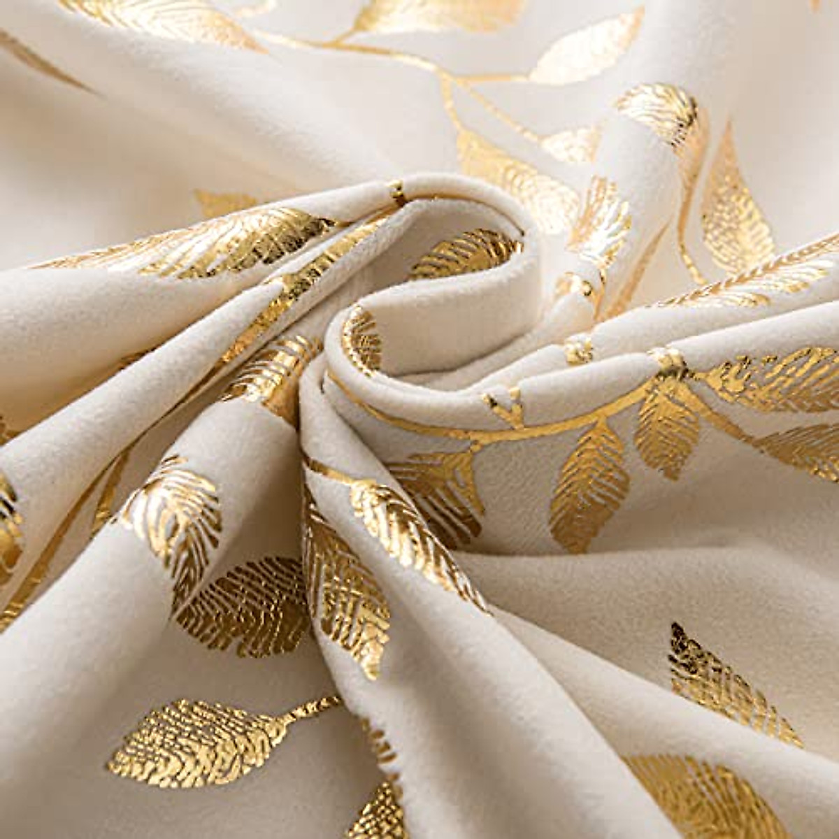 Deeprove Velvet Curtain 63 Inch Length, Glitter Metallic Sparkle Gold Leaves Bronzing Foil Print, Semi-Blackout Window Treatment Drape for Bedroom Xmas Decor Rod Pocket, 1 Panel W52 x L63, Cream White