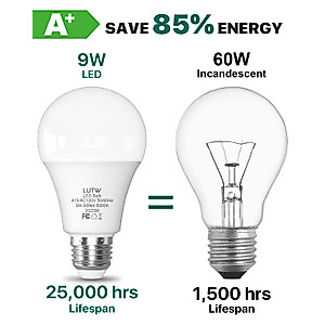 LUTW LED Light Bulbs 60 Watts Equivalent, 900 Lumen Standard LED Bulb, 9W E26 Base Cool White 6000K Non-Dimmable, Perfect for Bedroom and Living Room Lighting, 6 Pack