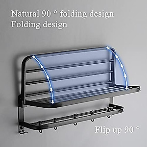 WKZZTCGD Black Bathroom Towel Rack,Stainless Steel Towel Holder with Hooks,Wall Mounted Foldable Double-Deck Shelf Bars