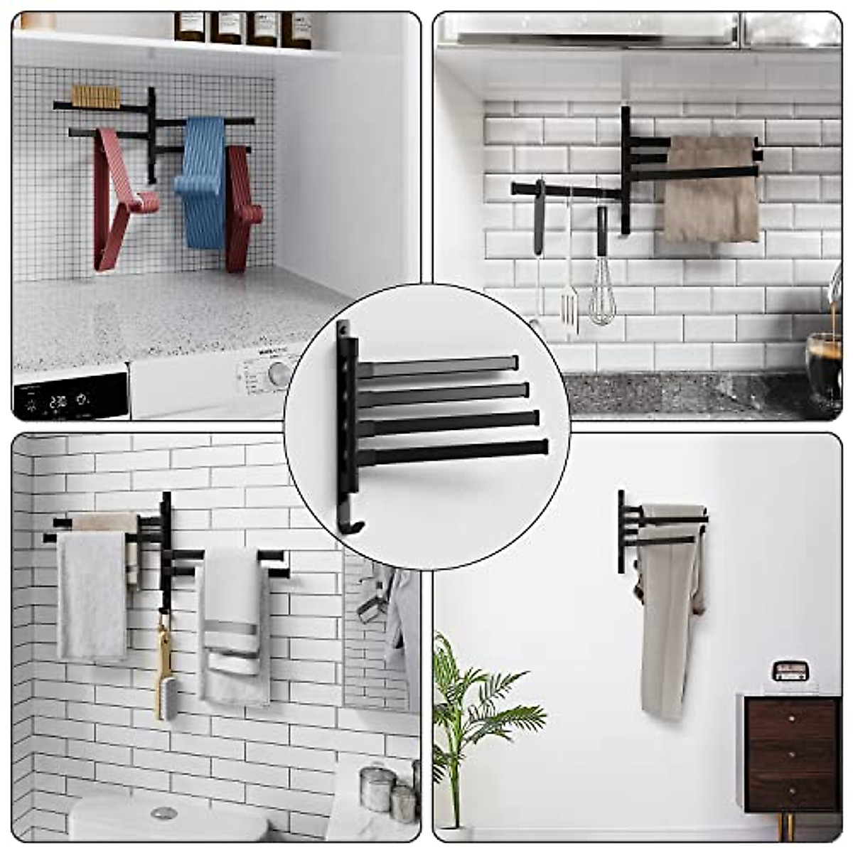 KLDKLD Swivel Towel Rack,Wall Mounted Towel Bar for Bathroom,4-Arms Towel Rack with Hook, Space Saving Towel Holder for Bathroom