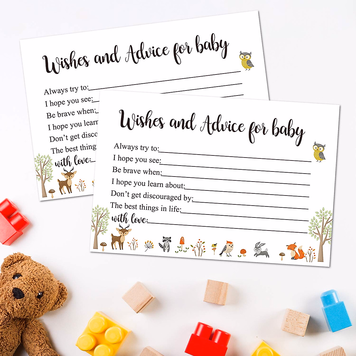 Giftideaworkshop 50 Woodland Baby Shower Wishes and Advice for The Mom-to-Be， Baby Advice Cards for Baby Shower Game，4X6 inch.