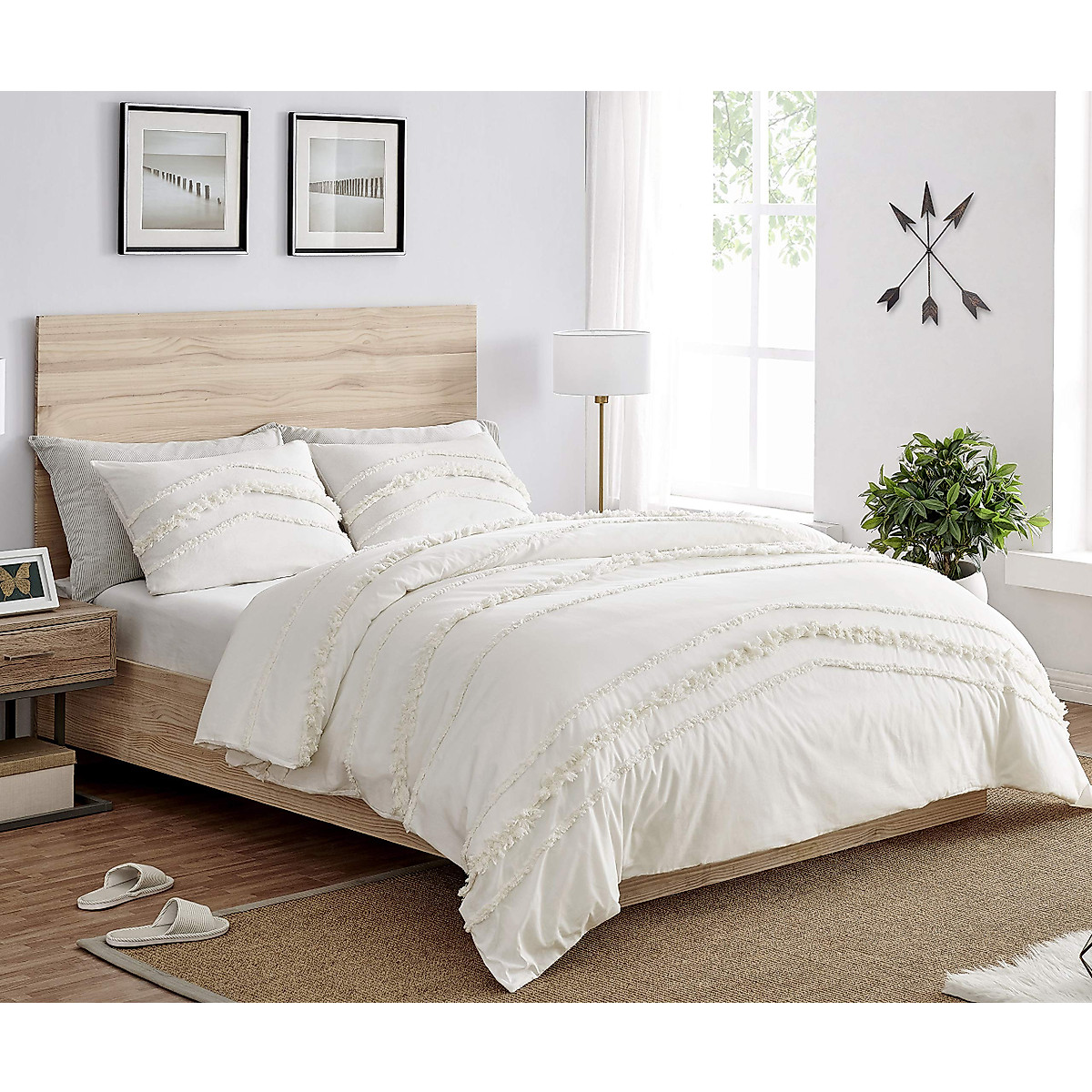 Sweet Jojo Designs Bohemian Boho Chic Ivory Macrame Tufted Tassel 3 pc. King Size Bed Bedding Set Duvet Comforter Cover Sham Solid Textured Minimalist Off White Cotton Fringe Farmhouse Neutral Rustic