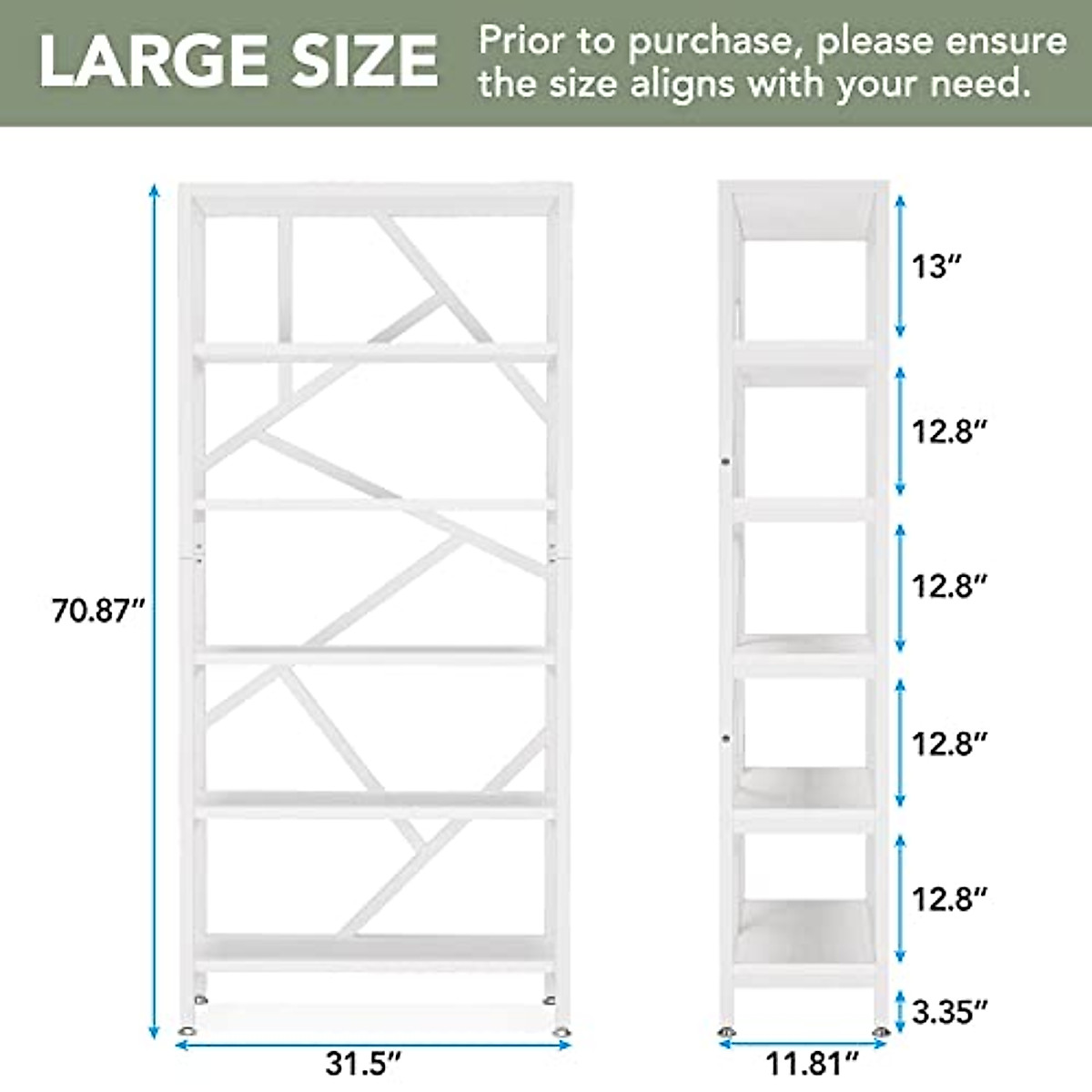 Tribesigns 71 Inch Industrial Bookshelf, 6 Shelf Etagere Bookcase, Freestanding Open Book Shelves Storage Display Shelf, Wood Shelving Units Organizer Rack for Home Office Living Room, White
