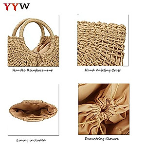 Straw Bags for Women,Hand-woven Straw Top-handle Bag with Round Ring Handle Summer Beach Rattan Tote Handbag (Khaki)