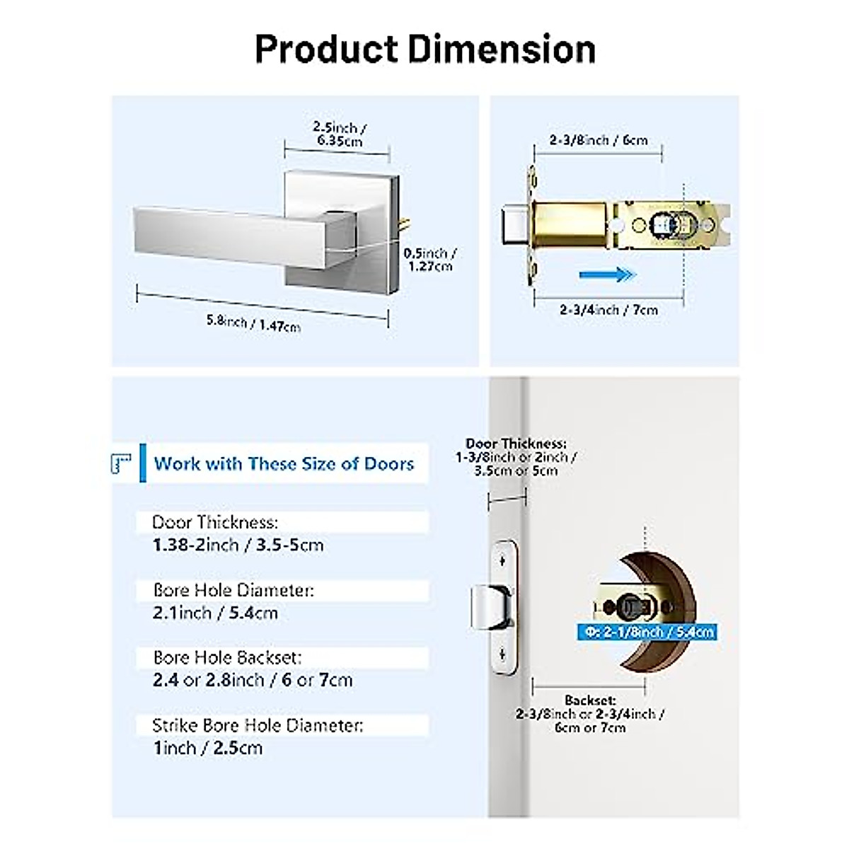 Zowill Door Handle Heavy Duty, Modern Square Door Lever, Passage Door Knobs, Reversible Interior Handles for Left Right Handled Doors for Bedroom, Bathroom and Living Room, Satin Nickel(1 Pack)