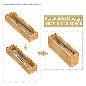 Bamboo Drawer Organizer Storage Box Kitchen - Wood Stackable Tray Set of 2 (12x3x2 inch）