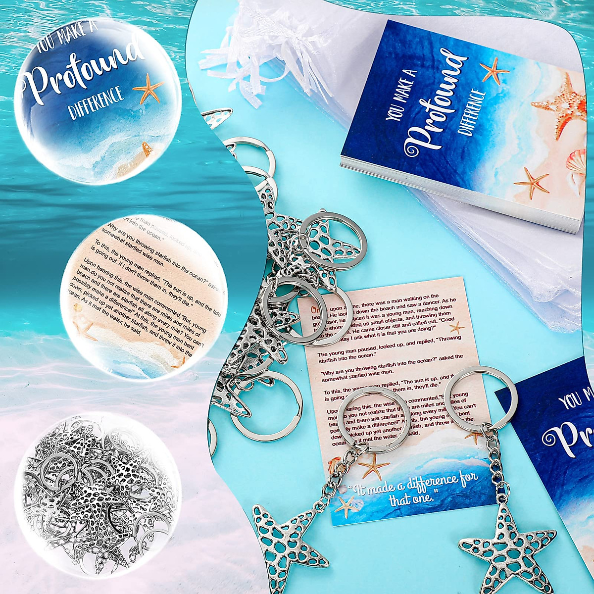 90 Pcs Starfish Story Gifts Mini Keepsake Appreciation Notecards Set Starfish Story Wallet Sized Cards Employee Gifts Drawstring Bags and Starfish Charms for Teacher Women Men (Hollow Out)