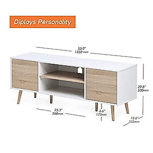 WAMPAT Mid Century Modern TV Stand for TVs up to 60 inches, Wood TV Console Media Cabinet with Storage, Entertainment Center for Living Room Bedroom, White and Oak, 53 inch