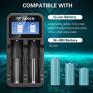 AA Battery Charger, Taken Universal Battery Charger for 18650 AAA 16340 CR123A 18490 18350 17670 17500 14500 Ni-MH/Ni-Cd Batteries (2 Slots)