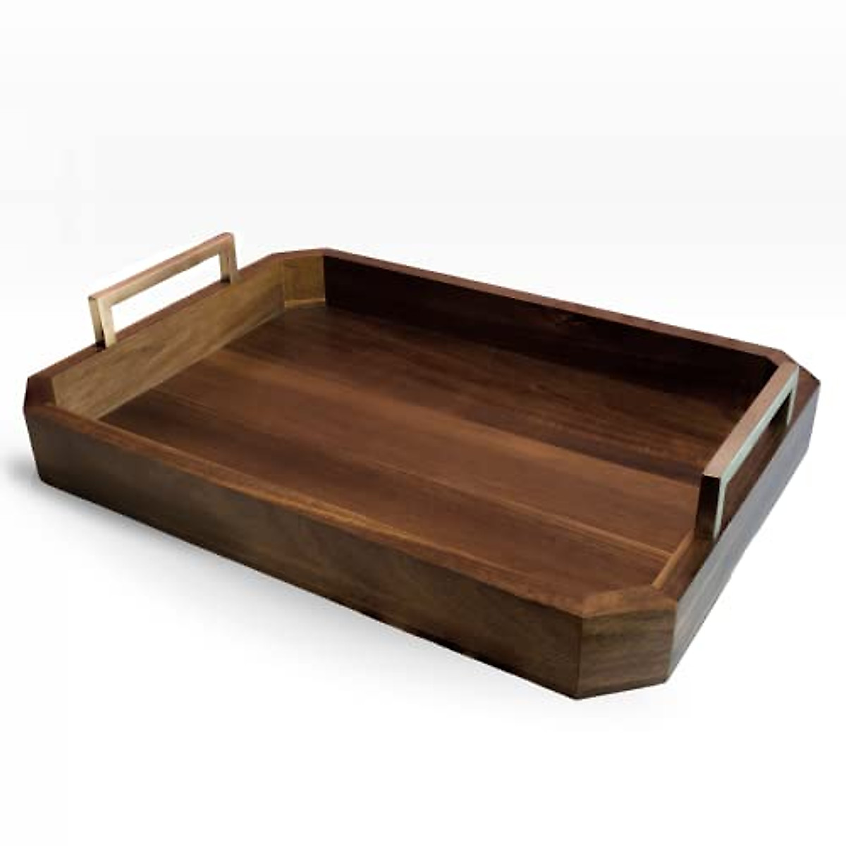 Fine Nest Home Decorative Acacia Wood Ottoman Tray - Coffee Table Tray - Breakfast, Party, Drinks, Snack, Liquor Serving Platter - Farmhouse to Modern - Brass Handles