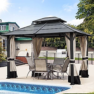 Warmally 10'×12' Hardtop Gazebo Double Roof Canopy Gazebo with Netting and Curtains Fast-Splicing Structure Galvanized Iron Aluminum for Patio Backyard Deck and Lawns
